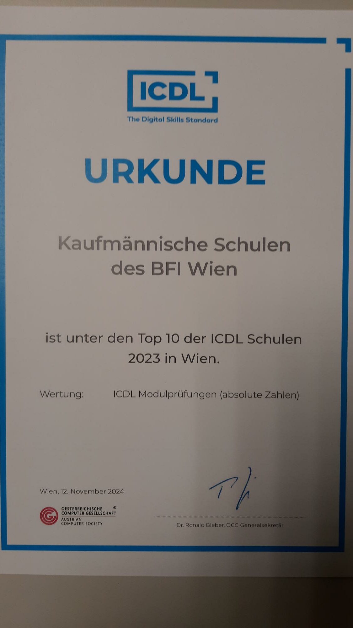 Auszeichnung für die ICDL-Prüfungen 2024@IT-Schule BFI - Kaufmännische Schulen des BFI Wien